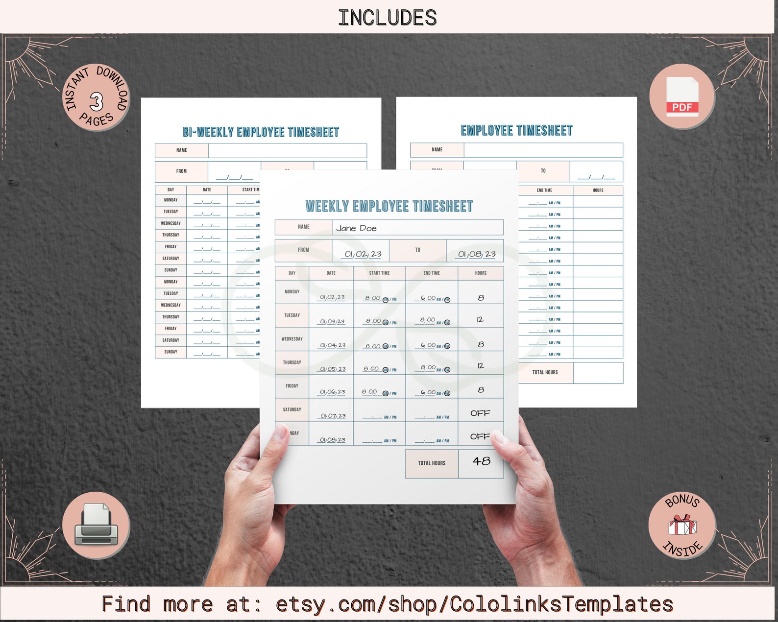 Set of 3 PRINTABLE Employee Timesheet Bundle, Time Tracker, Employee ...