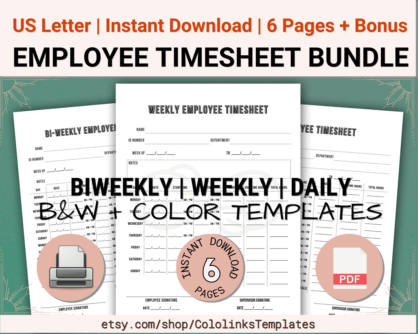 Set of 6 PRINTABLE Employee Timesheet Bundle, Time Tracker, Employee ...