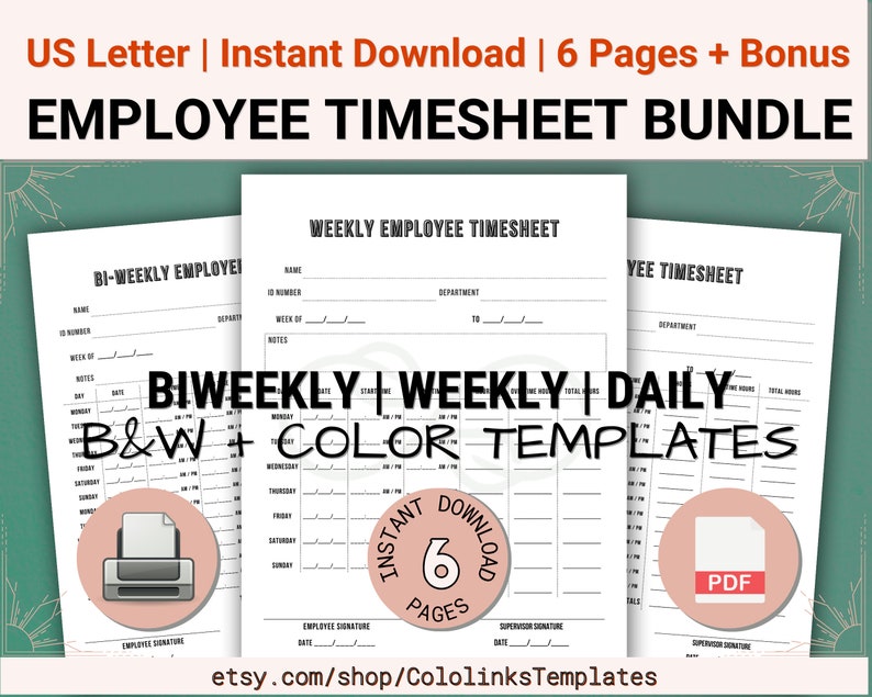 Set of 6 PRINTABLE Employee Timesheet Bundle Time Tracker - Etsy