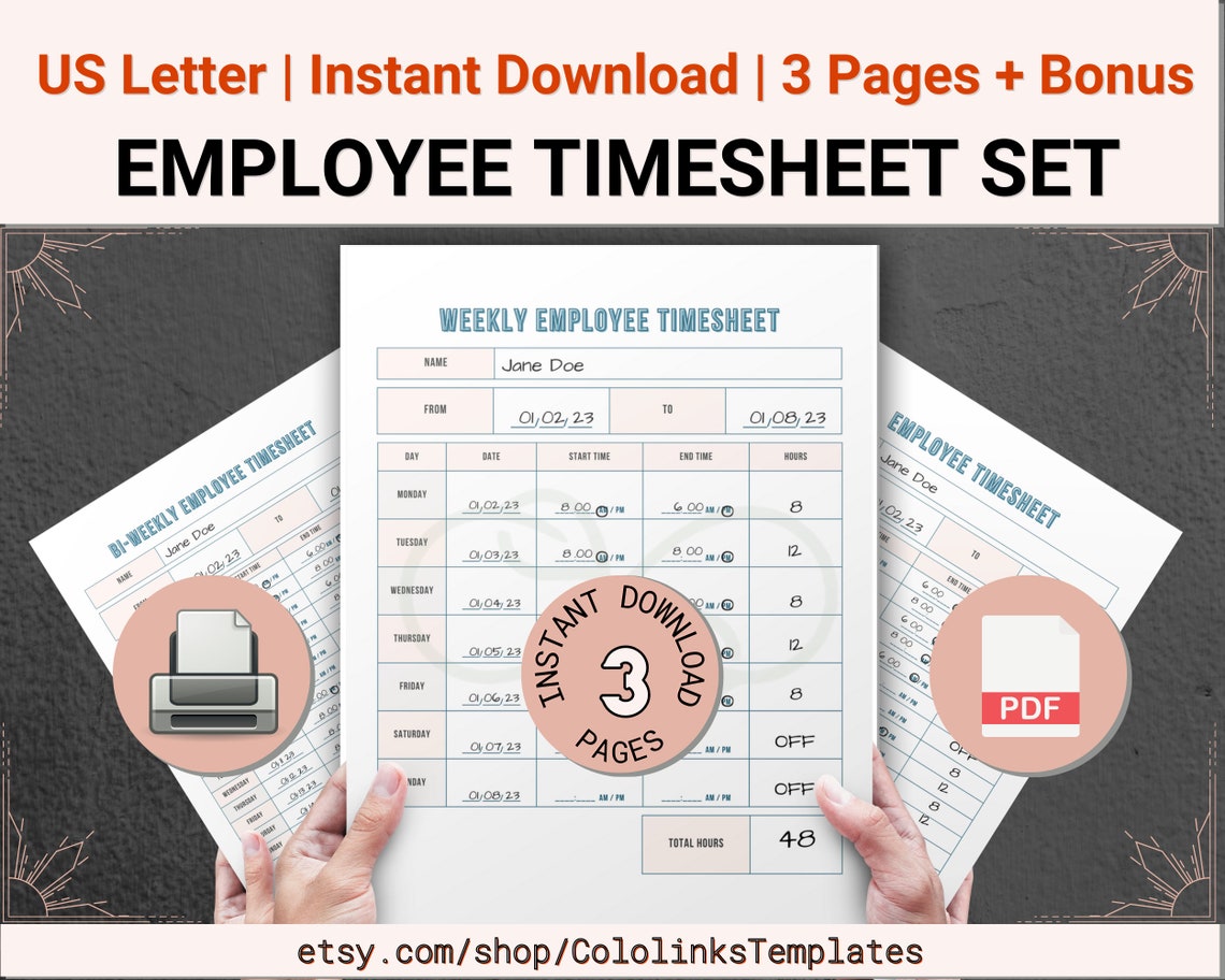 Set of 3 PRINTABLE Employee Timesheet Bundle, Time Tracker, Employee ...