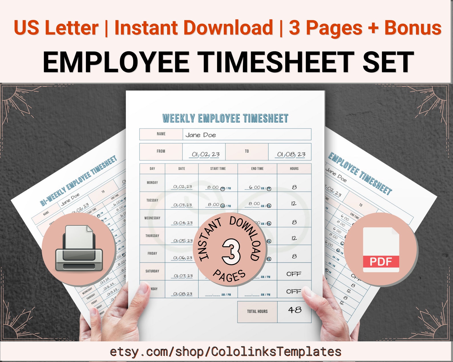 Set of 3 PRINTABLE Employee Timesheet Bundle, Time Tracker, Employee ...