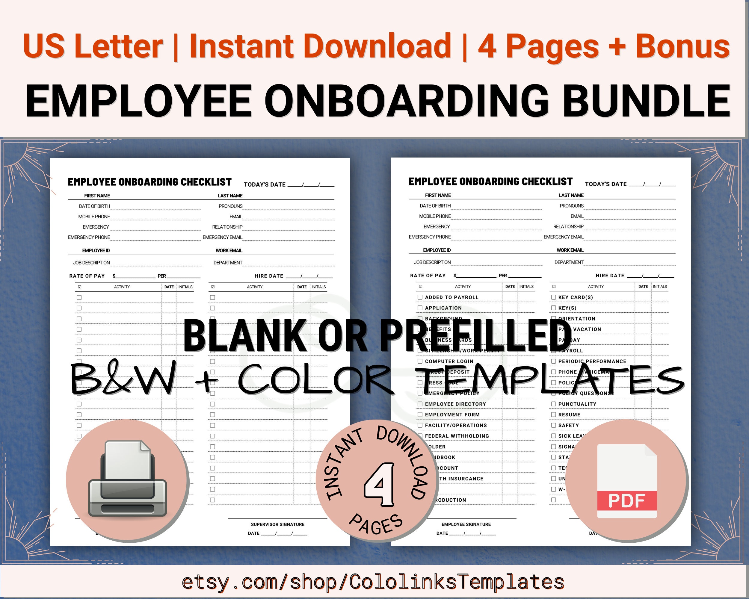 Set of 4 PRINTABLE New Hire Checklist, Employee Onboarding Checklist ...
