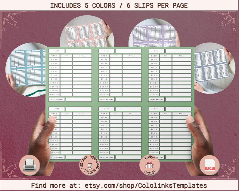 Set of 5 PRINTABLE Cash Breakdown Slips, Teller Slips, Cash Inserts ...