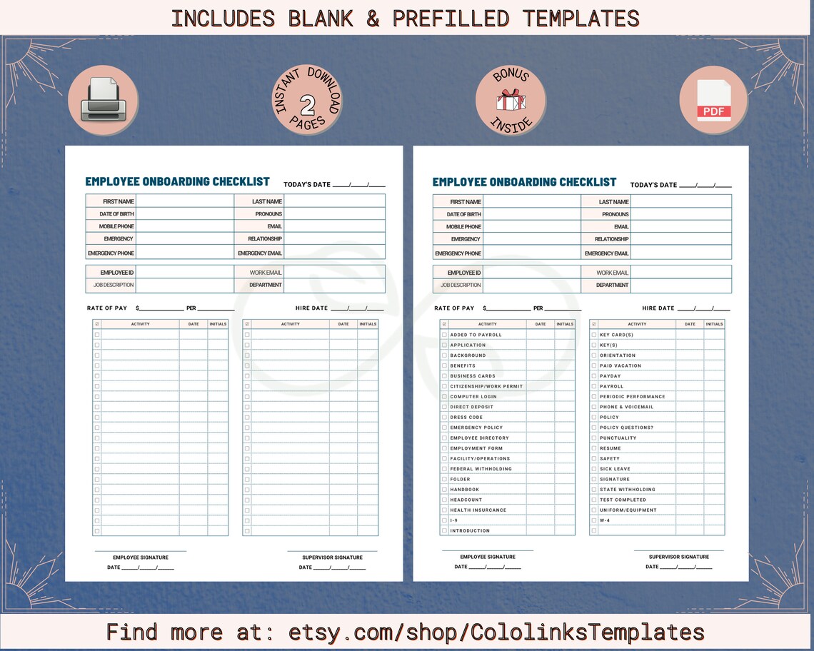 Set of 2 PRINTABLE New Hire Checklist, Employee Onboarding Checklist ...