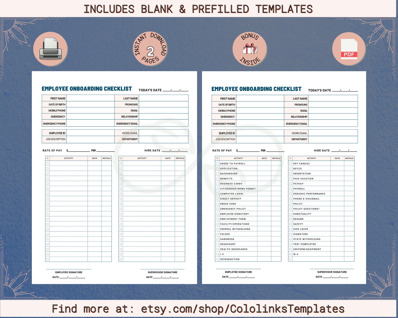 Set of 2 PRINTABLE New Hire Checklist, Employee Onboarding Checklist ...
