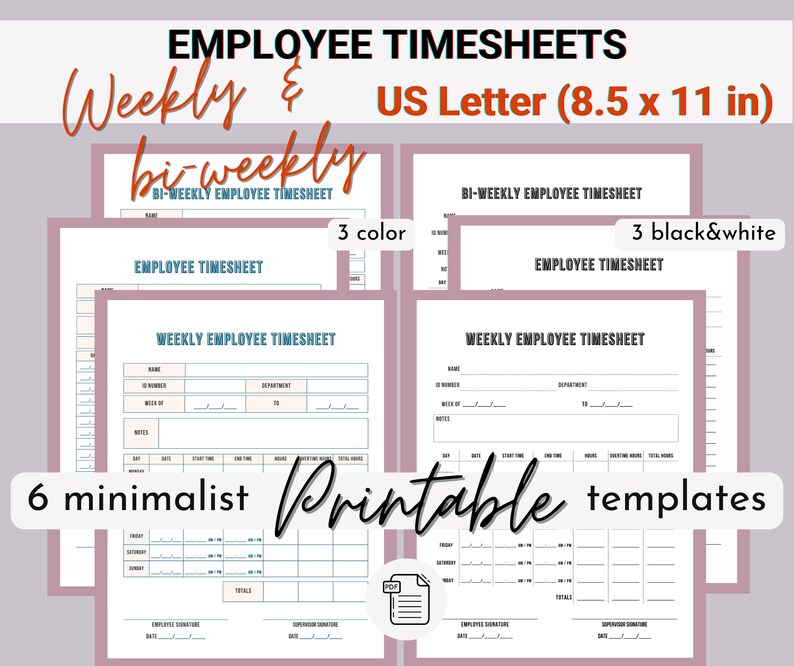 Set of 6 PRINTABLE Employee Timesheet Bundle Time Tracker - Etsy