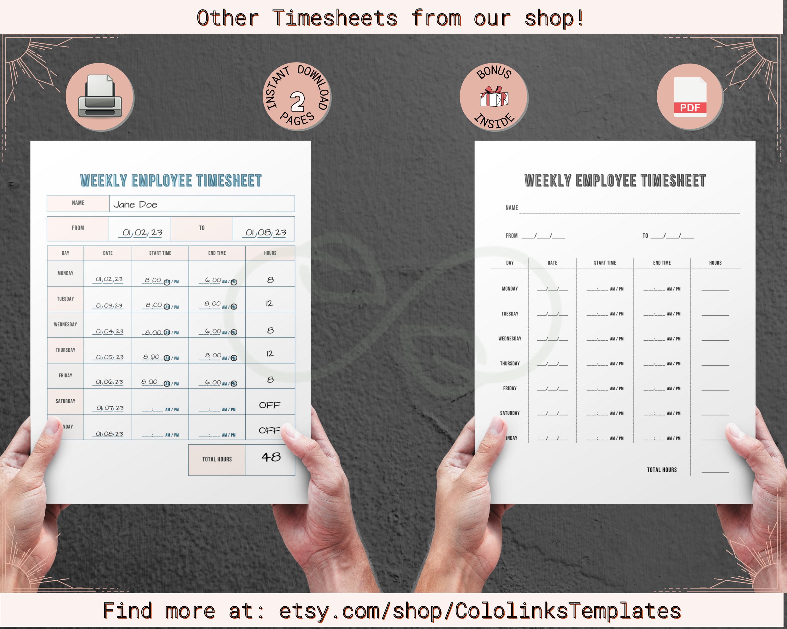 Set of 2 PRINTABLE Employee Timesheet Bundle Time Tracker - Etsy