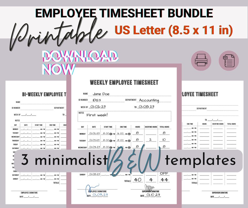 Set of 6 PRINTABLE Employee Timesheet Bundle Time Tracker - Etsy