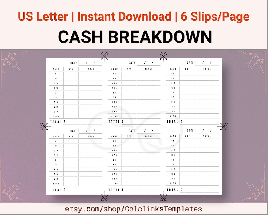 Set of 5 PRINTABLE Cash Breakdown Slips, Teller Slips, Cash Inserts ...