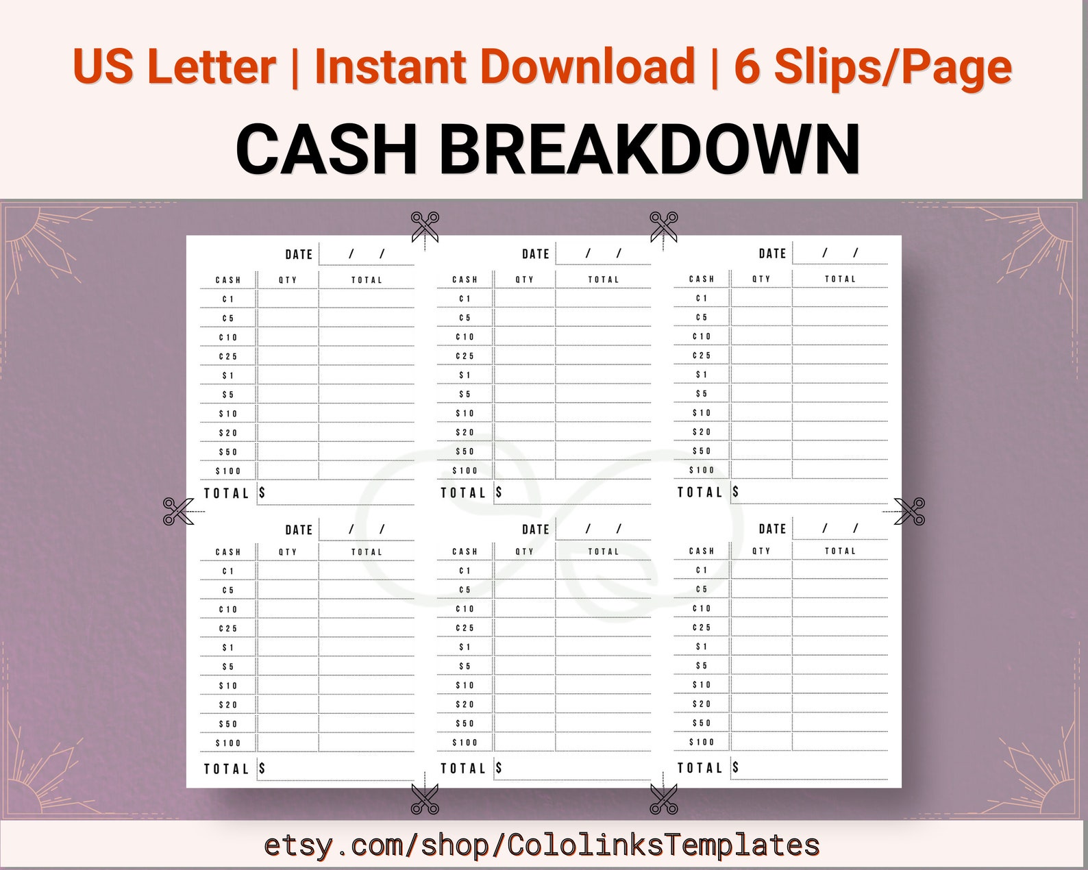 Set of 5 PRINTABLE Cash Breakdown Slips, Teller Slips, Cash Inserts ...
