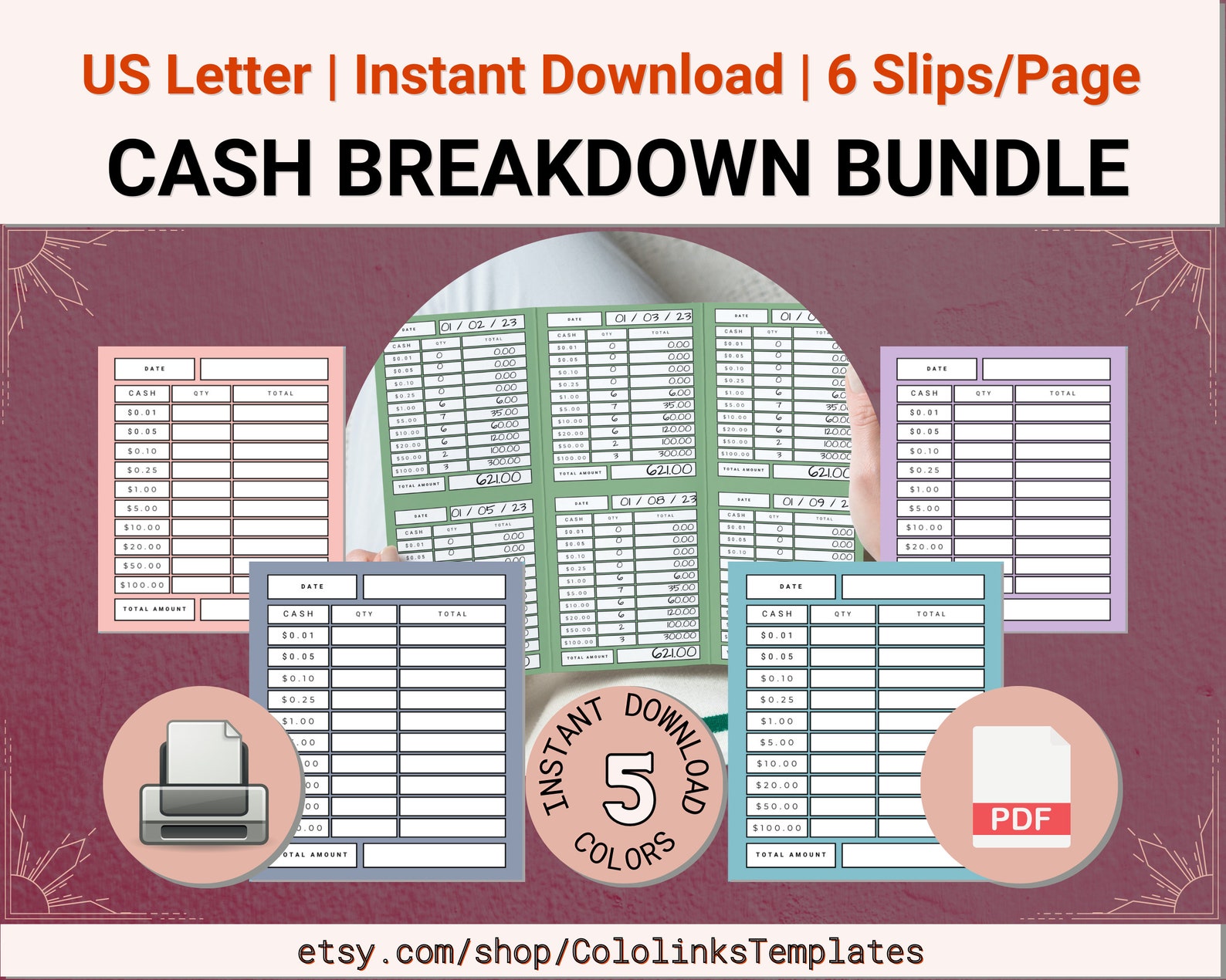 Set of 5 PRINTABLE Cash Breakdown Slips, Teller Slips, Cash Inserts ...