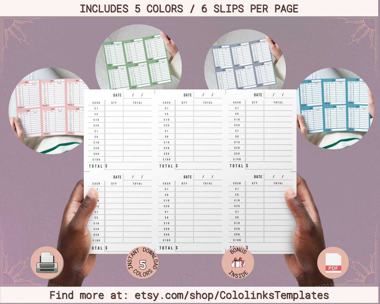 Set of 5 PRINTABLE Cash Breakdown Slips, Teller Slips, Cash Inserts ...