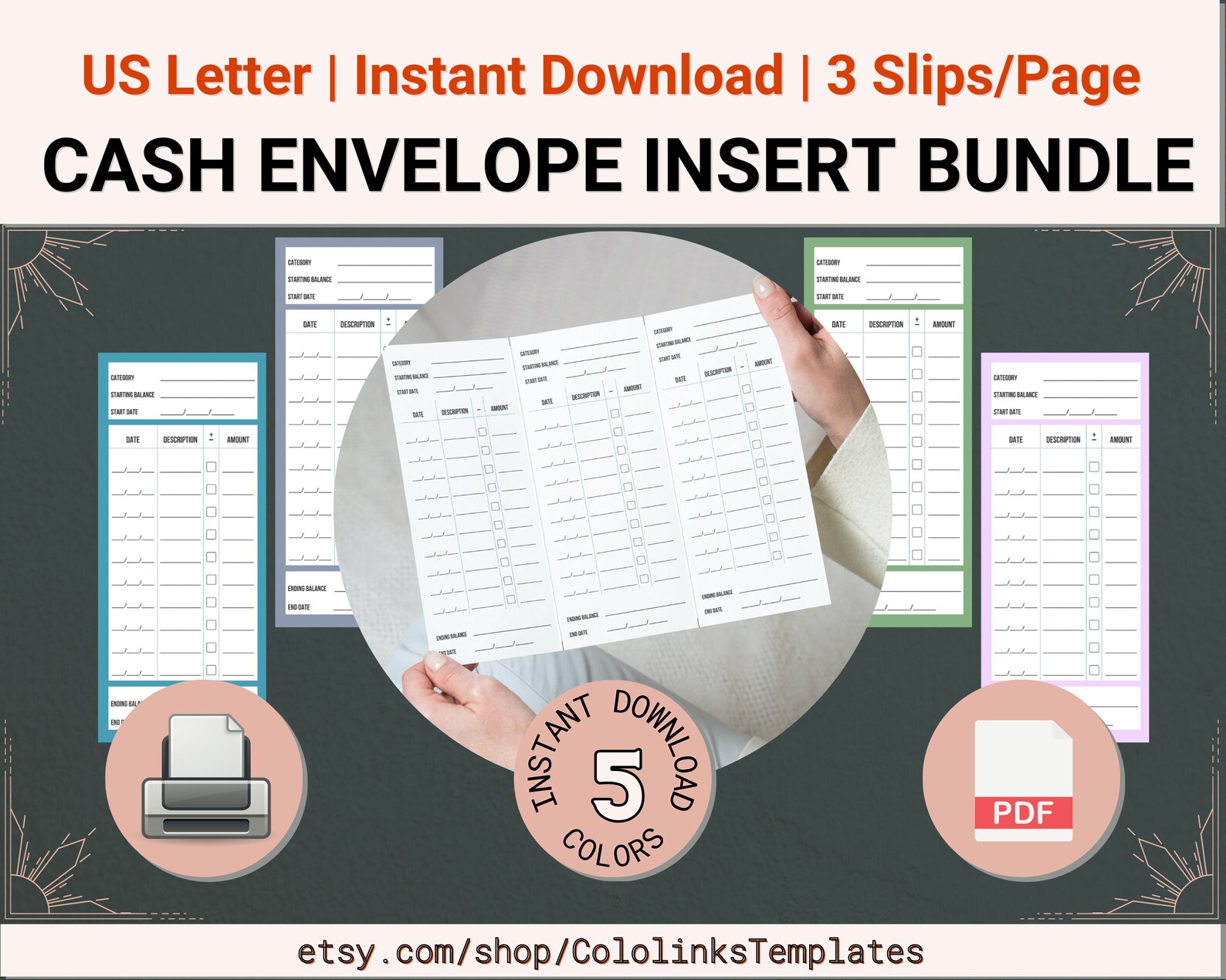 Set of 5 PRINTABLE Cash Envelope Inserts, Budgeting Inserts, Cash ...