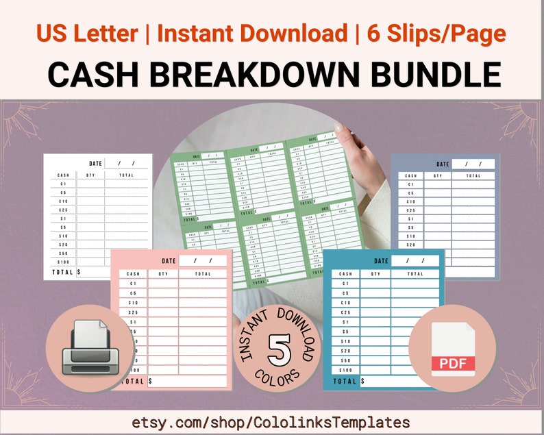Set of 5 PRINTABLE Cash Breakdown Slips, Teller Slips, Cash Inserts ...