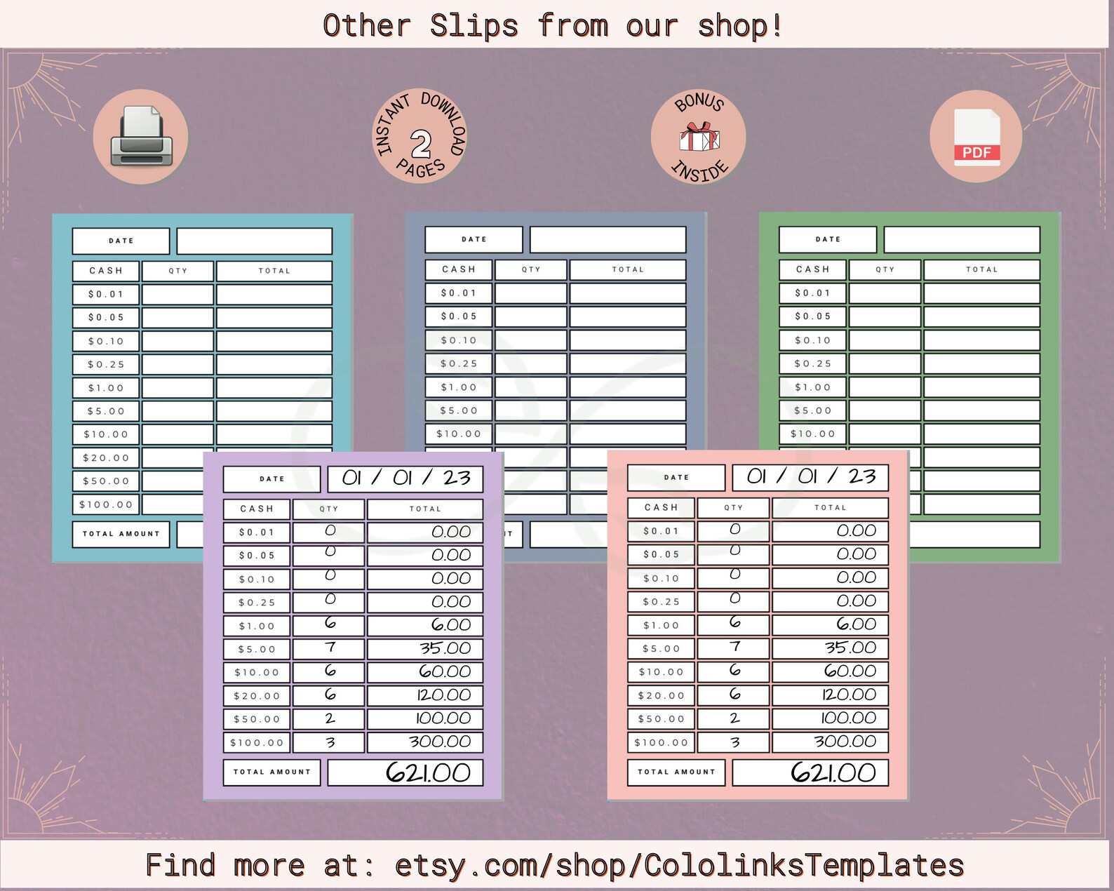 Set of 5 PRINTABLE Cash Breakdown Slips, Teller Slips, Cash Inserts ...