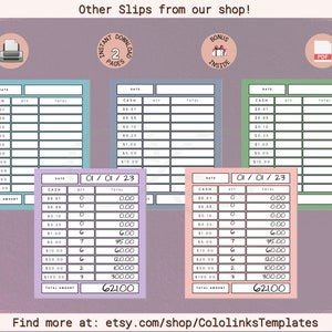 Set of 5 PRINTABLE Cash Breakdown Slips, Teller Slips, Cash Inserts ...