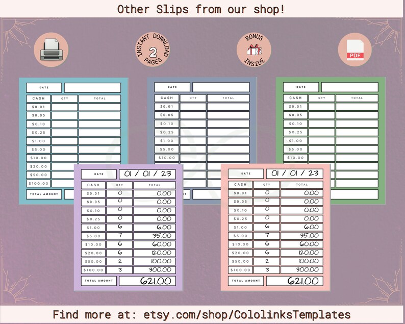 Set of 5 PRINTABLE Cash Breakdown Slips, Teller Slips, Cash Inserts ...
