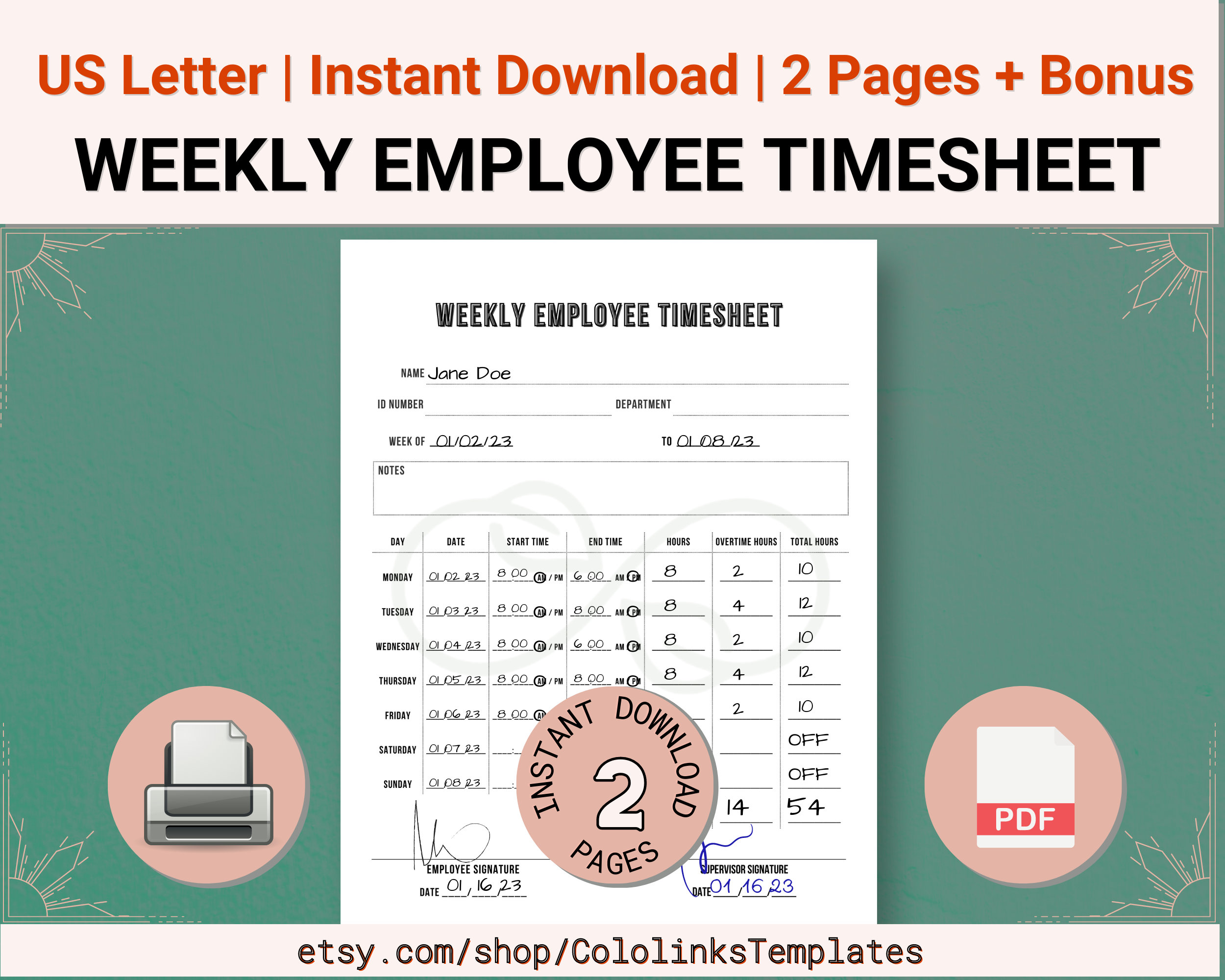 Set of 2 PRINTABLE Employee Timesheet Bundle, Time Tracker, Employee Time Tracker, Timesheet ...