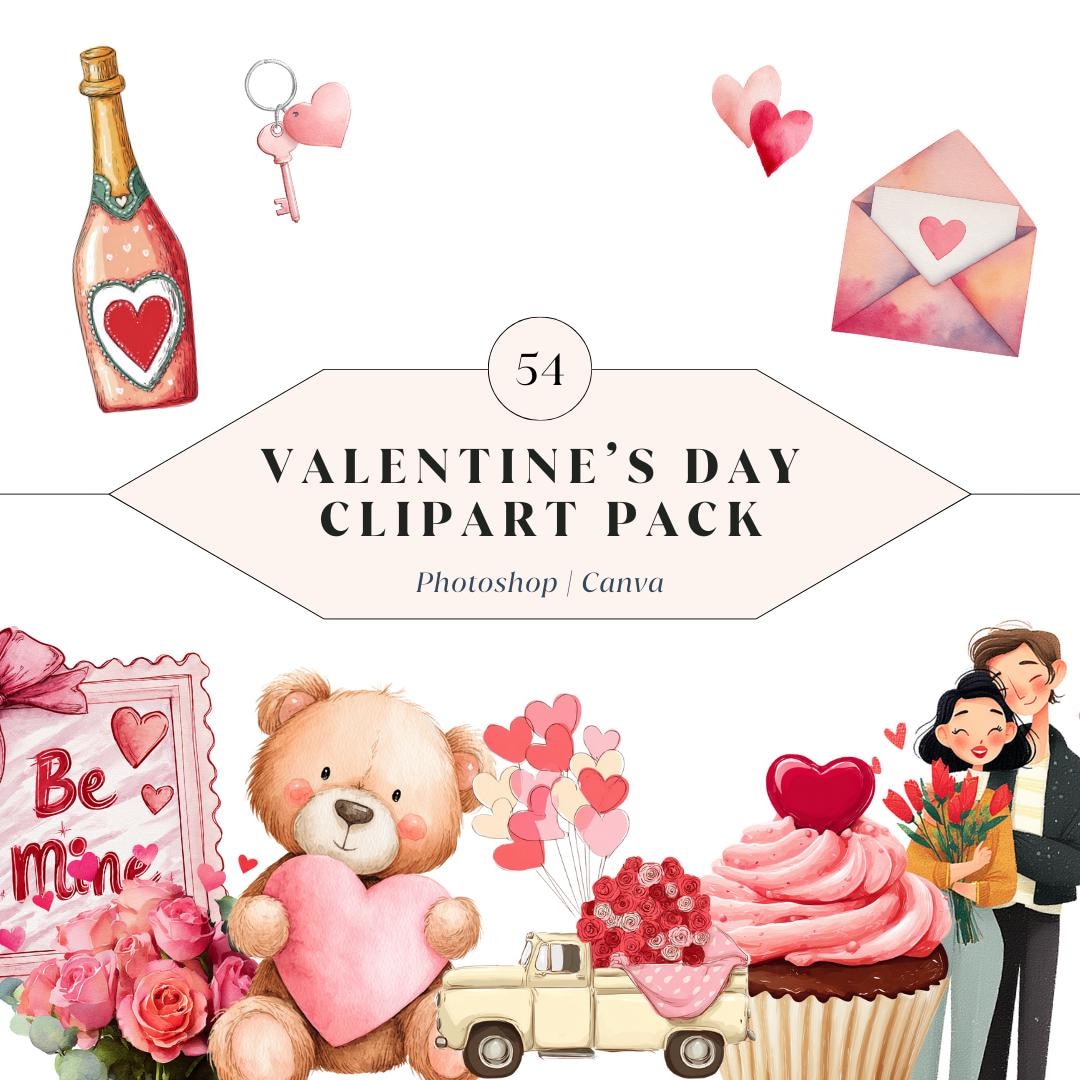 54 Valentine’s Day Clipart Pack – High-resolution Romantic Watercolor ...