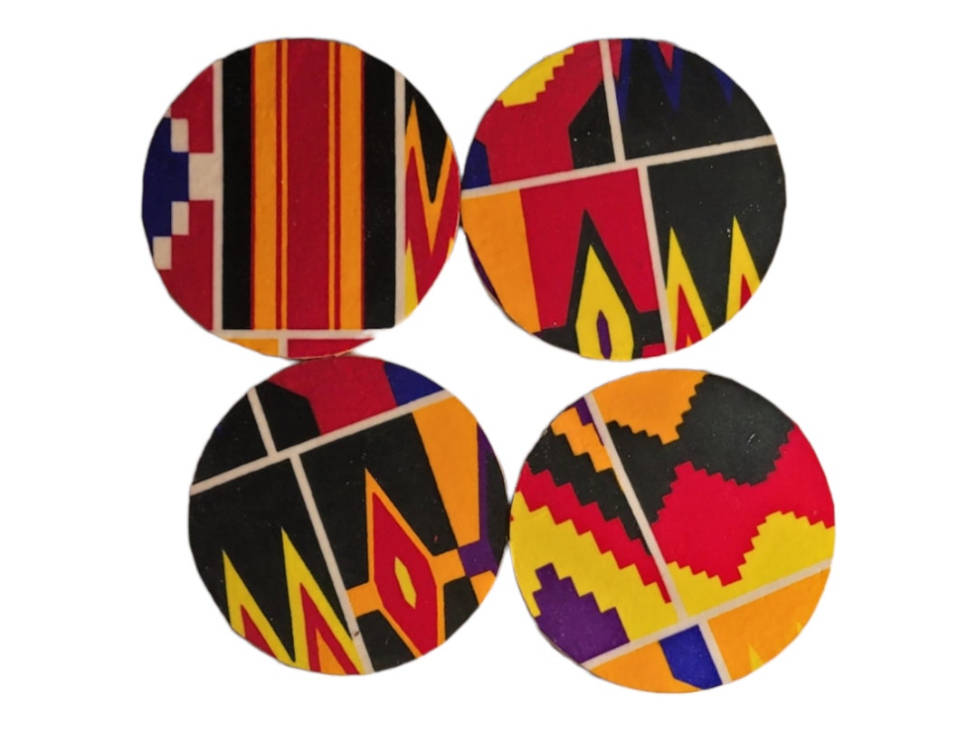 Afrocentric Fabric and Wood Coasters, Set of Four, Home Decor,round ...