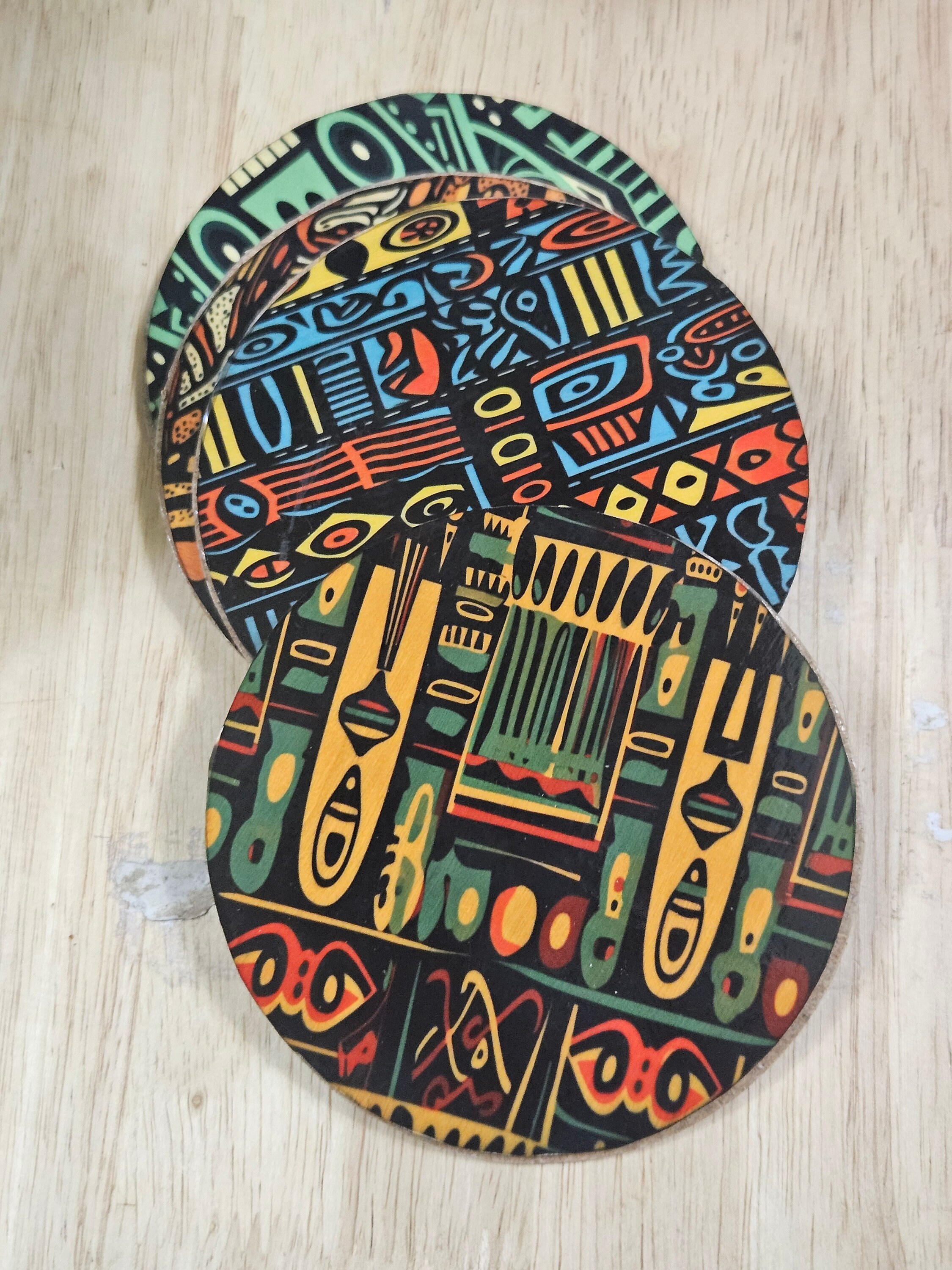 Afrocentric Wood Coasters, Set of Four, Home Decor,round African Print ...