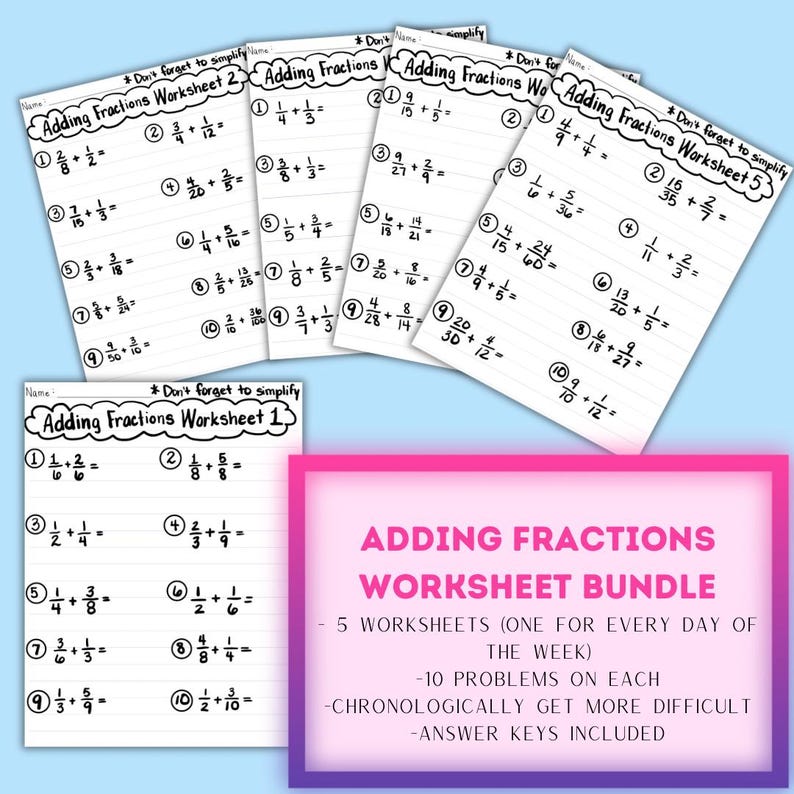 Adding Fractions 5 Page Worksheet Bundle With Answer Keys - Etsy