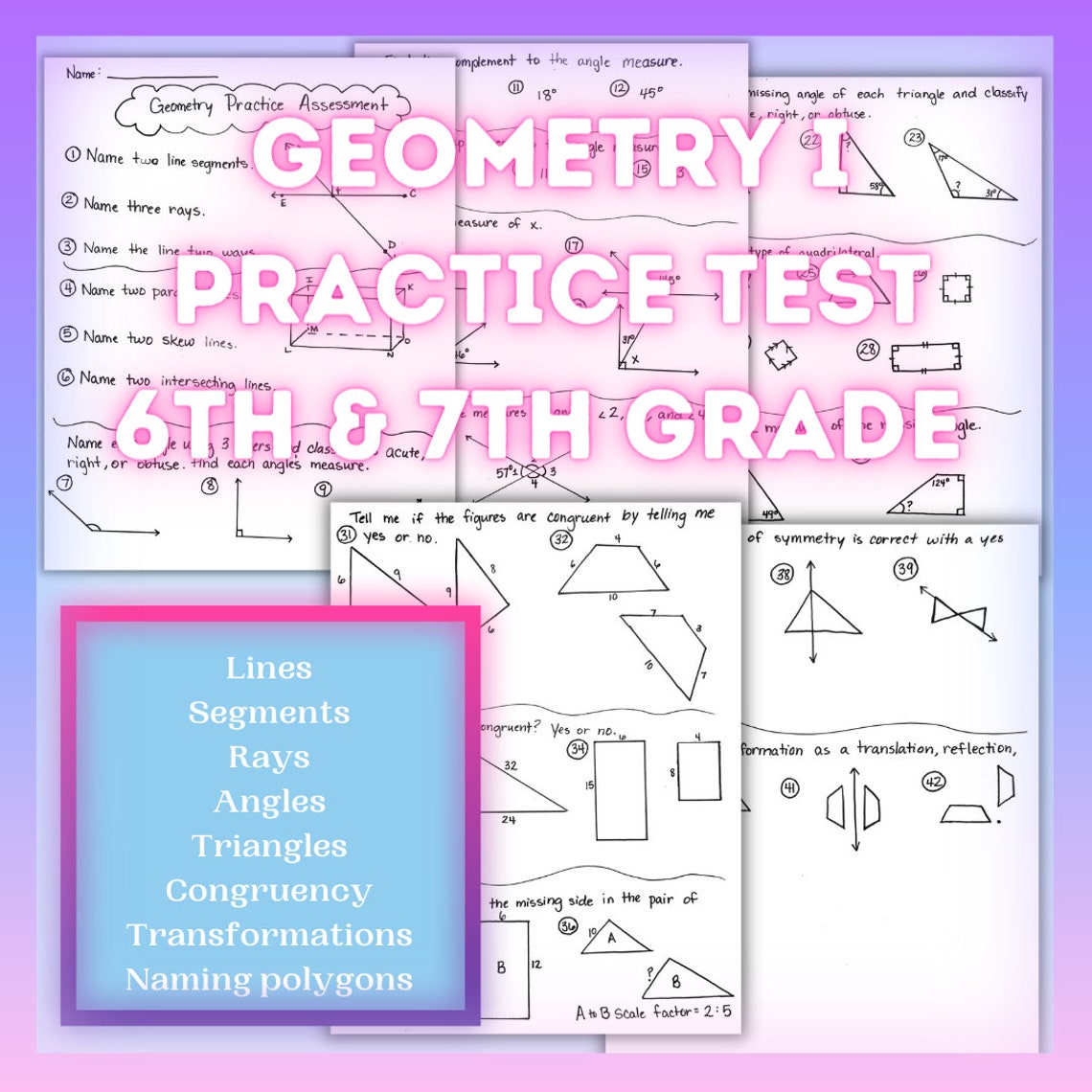 Geometry 1 Practice Test & Assessment Bundle for Grades 6 and 7 - Etsy