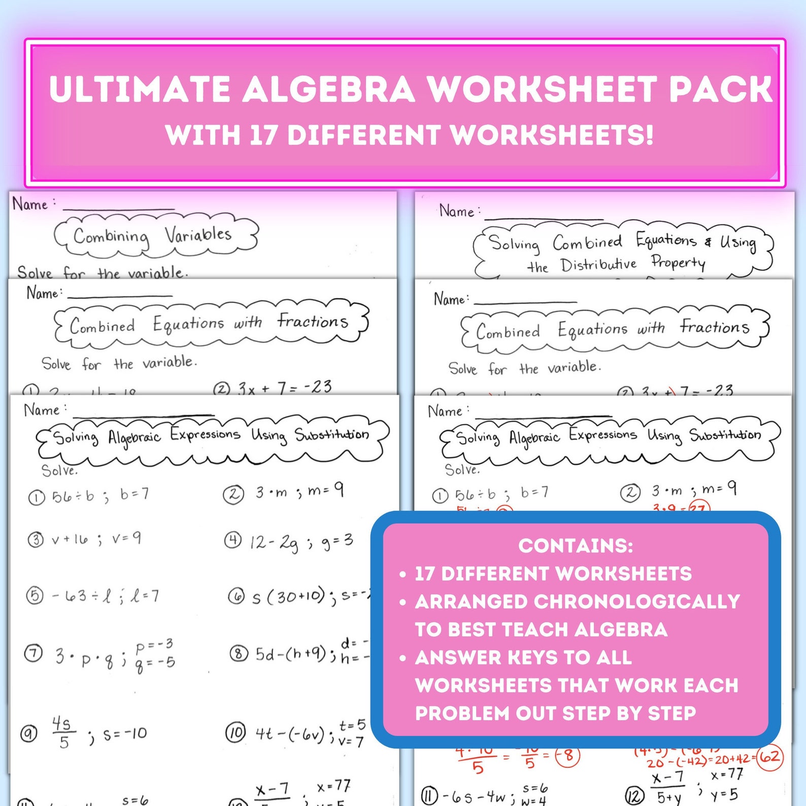 The Ultimate Algebra Worksheet Pack Algebra Homework Math Worksheets ...