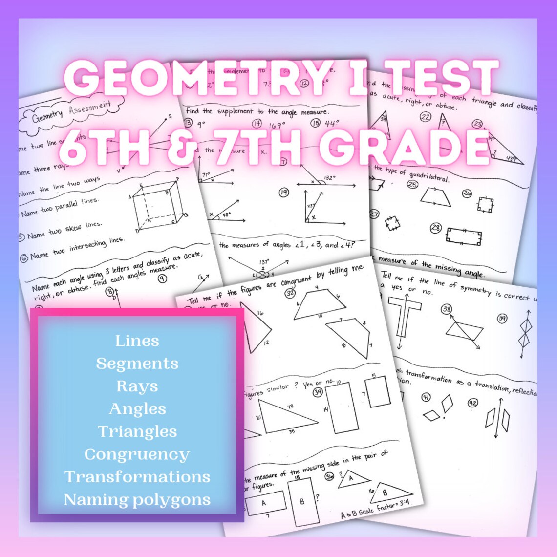 Geometry 1 Practice Test & Assessment Bundle for Grades 6 and 7 - Etsy
