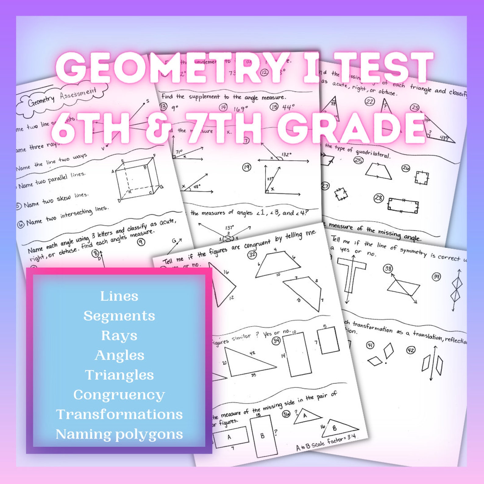Geometry 1 Practice Test & Assessment Bundle for Grades 6 and - Etsy