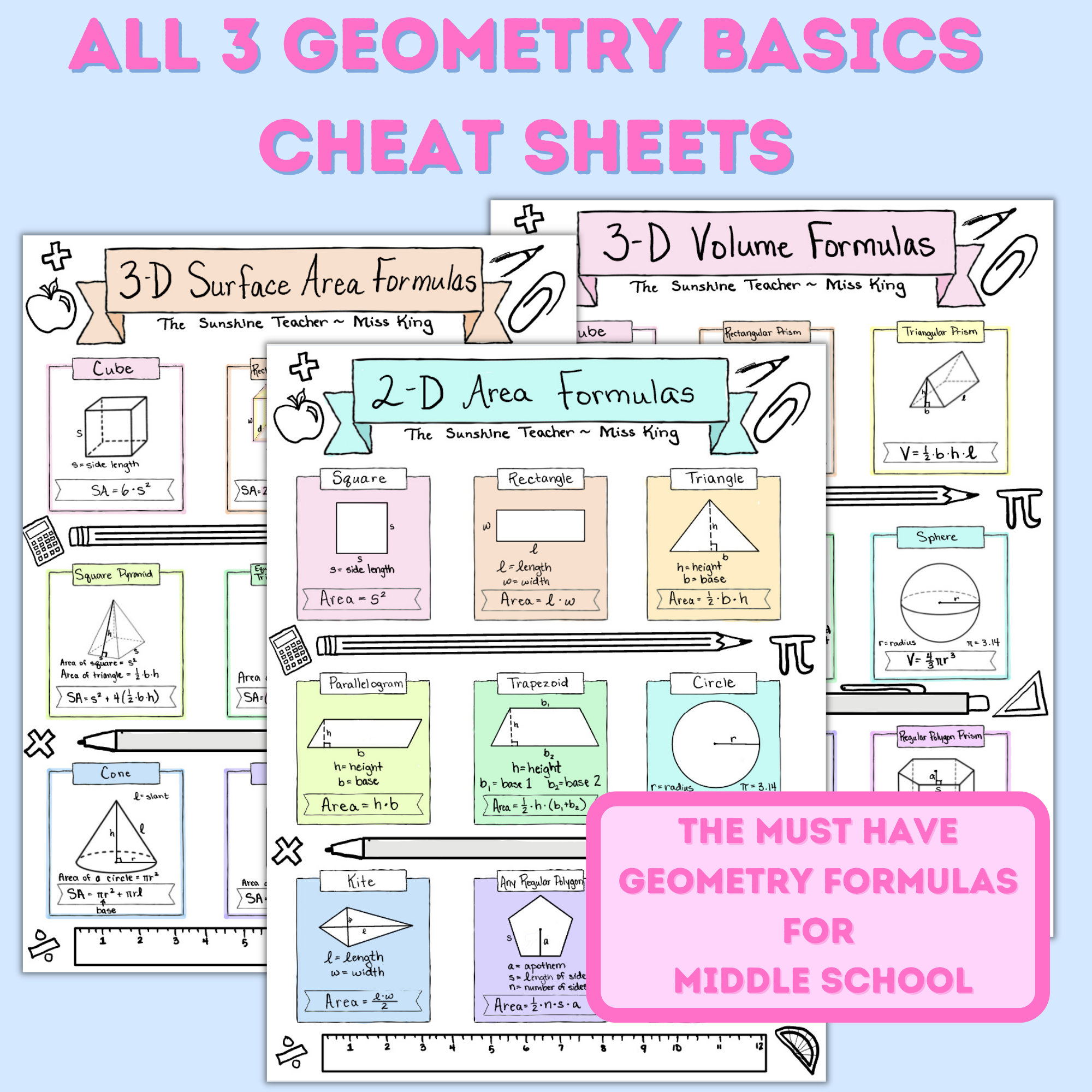 Geometry Basics Formulas Sheets Grades 5-8 - 2D Shapes Area Formulas ...