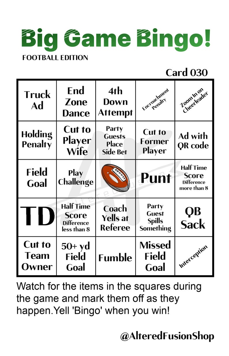 Big Game Bingo: (30 Card) Football Edition | Ink-saving Design - Etsy