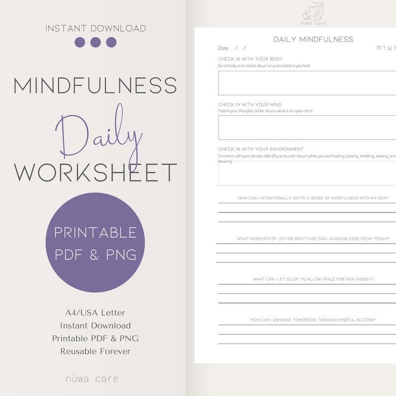 Daily Mindfulness Worksheet Daily Mindfulness Tracker Printable CBT ...