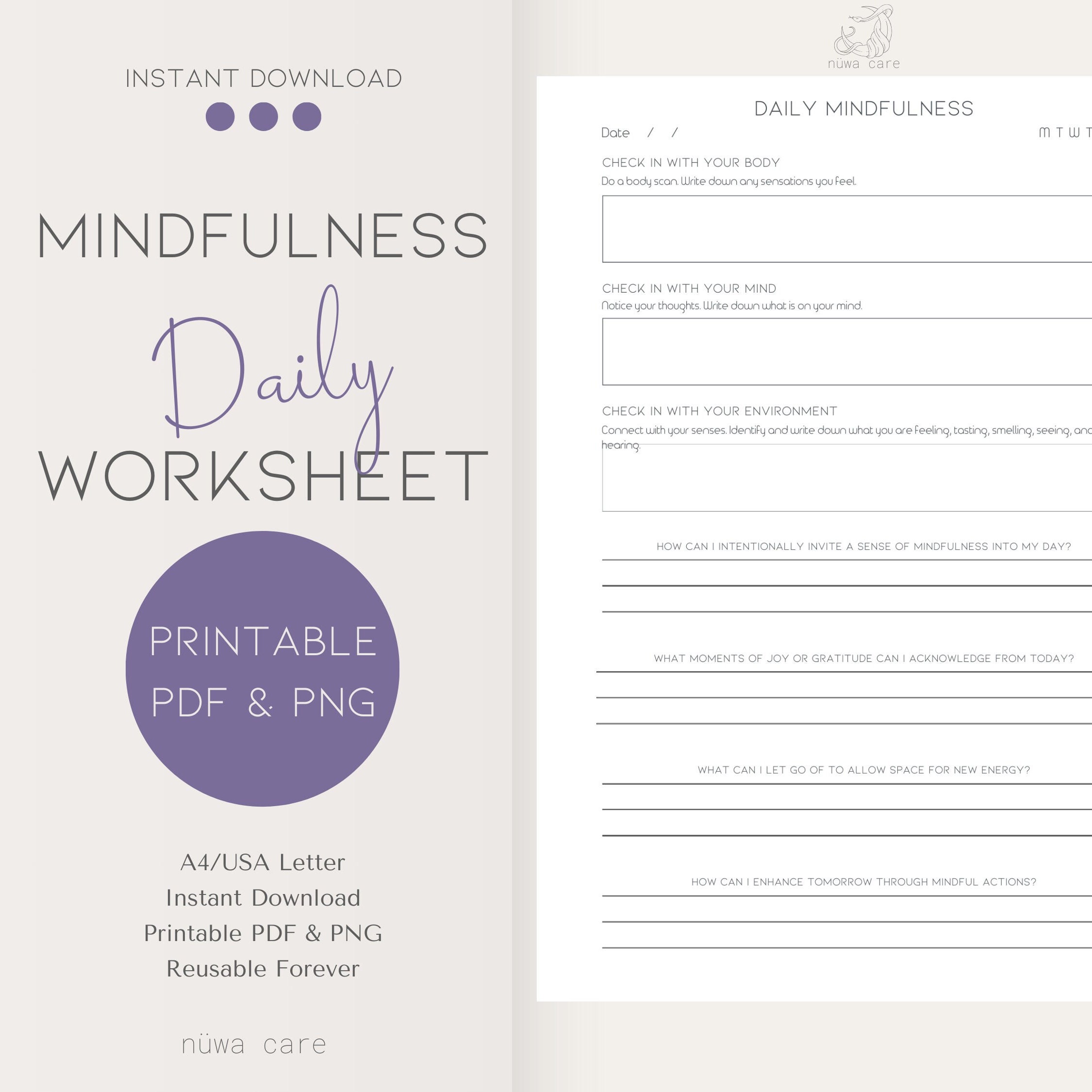 Daily Mindfulness Worksheet Daily Mindfulness Tracker Printable CBT ...