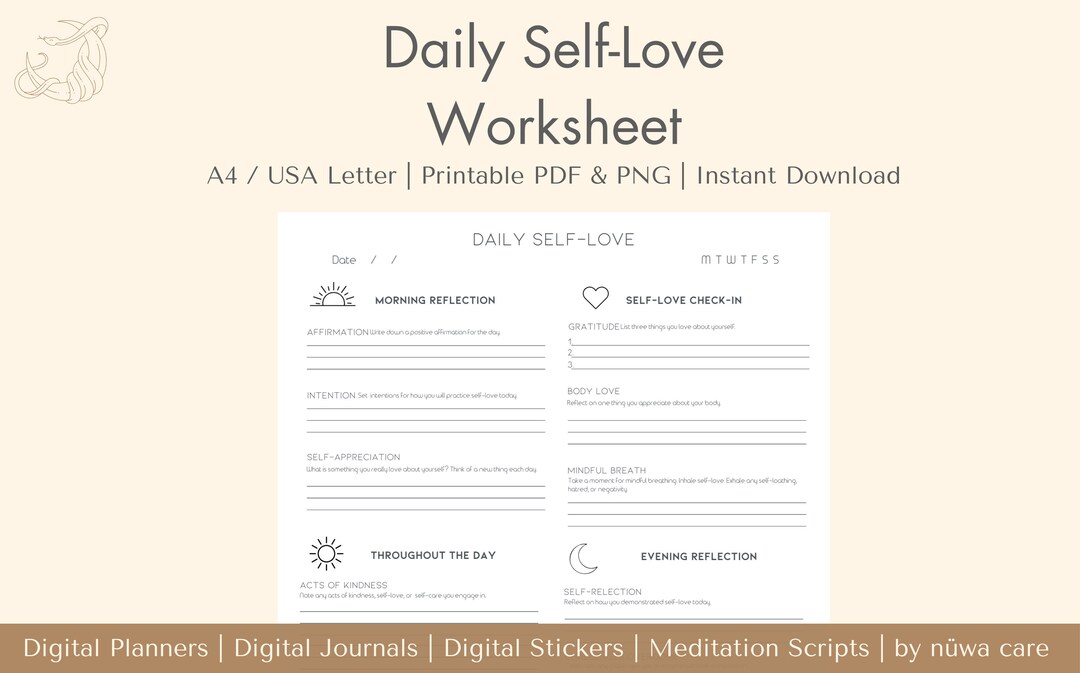 Daily Self-love Worksheet Daily Self-love Tracker Printable CBT Journal ...