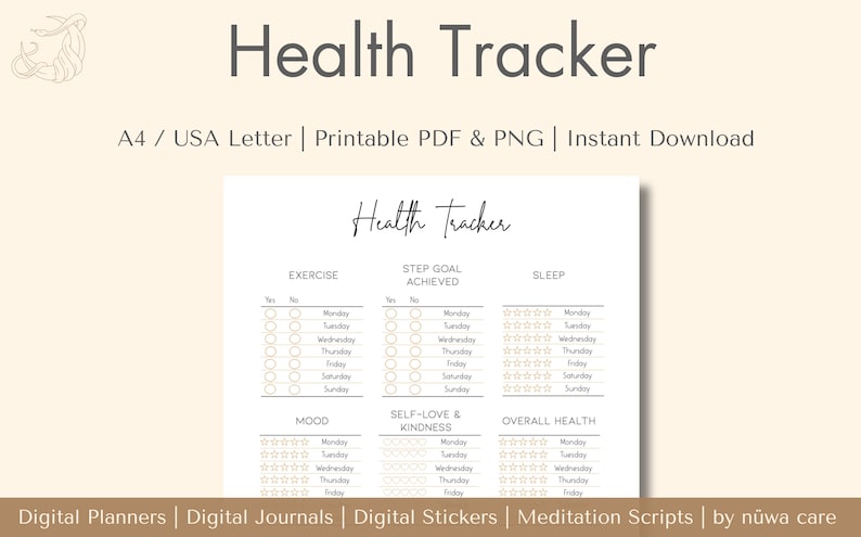 Health Tracker Daily Journal Health Planner Printable Journal Wellness ...