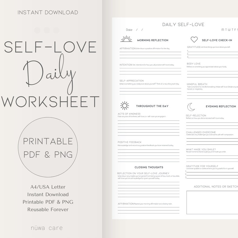 Daily Self-love Worksheet Daily Self-love Tracker Printable CBT Journal ...