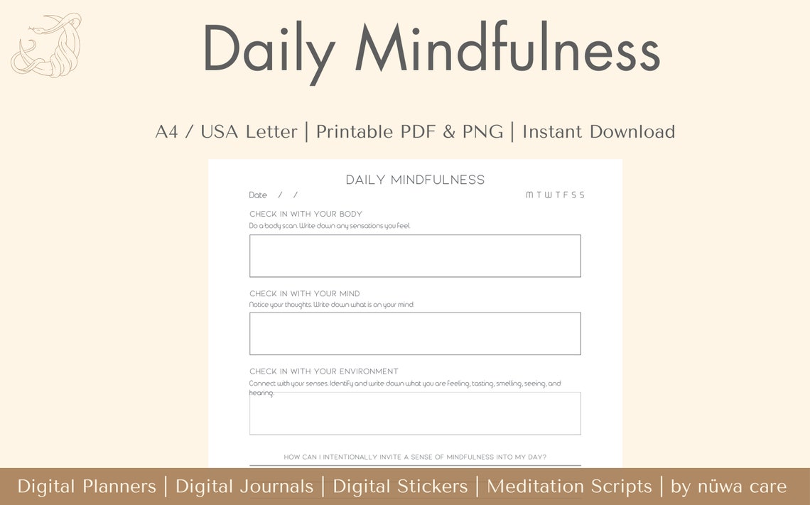 Daily Mindfulness Worksheet Daily Mindfulness Tracker Printable CBT ...