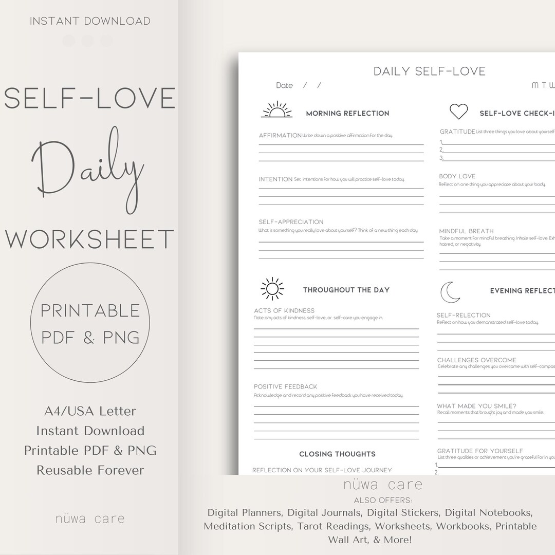 Daily Self-love Worksheet Daily Self-love Tracker Printable CBT Journal ...