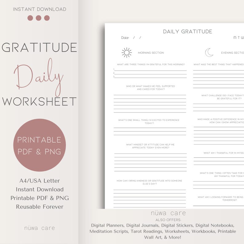 Daily Gratitude Worksheet Daily Instant Download Minimalist Blank ...