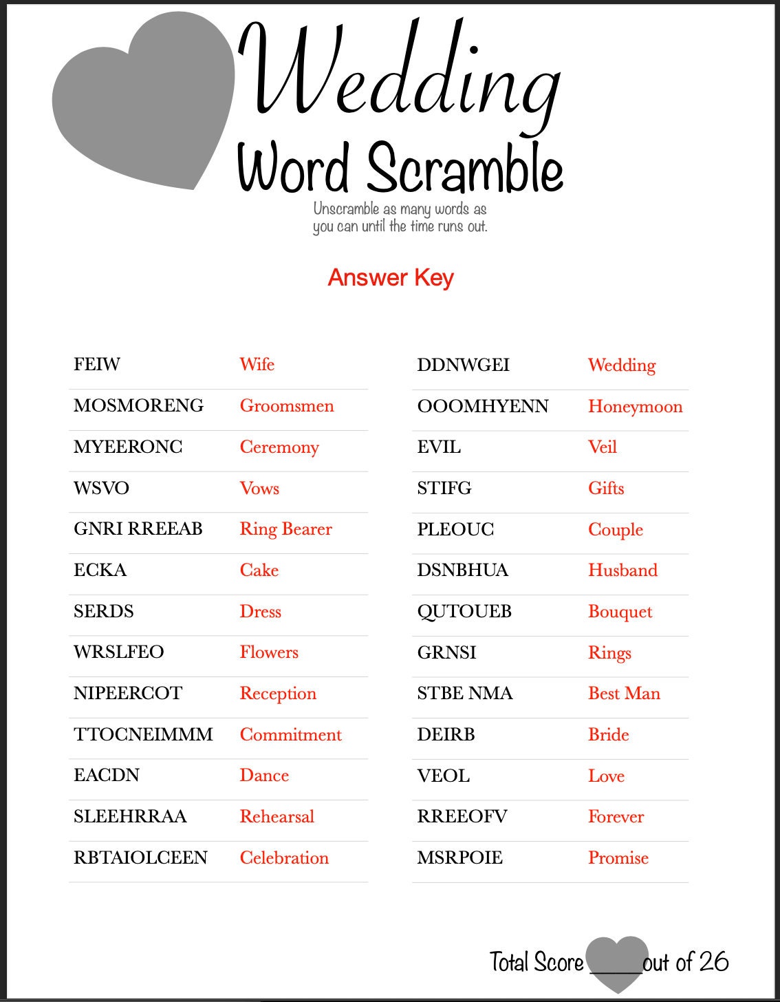 Wedding Word Scramble With Answers Wedding Word Scramble With Answers