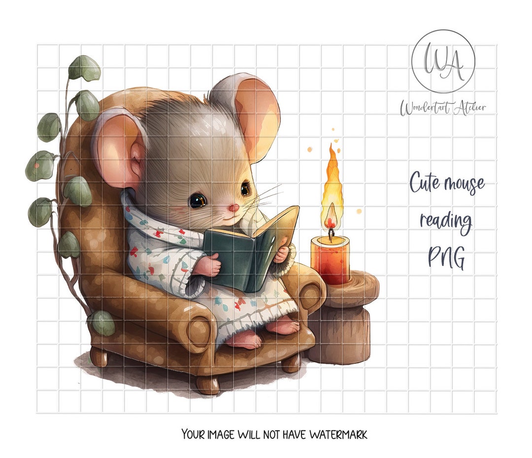 Cute Baby Mouse Clipart PNG. Watercolor. Cute Mouse Reading a Book ...