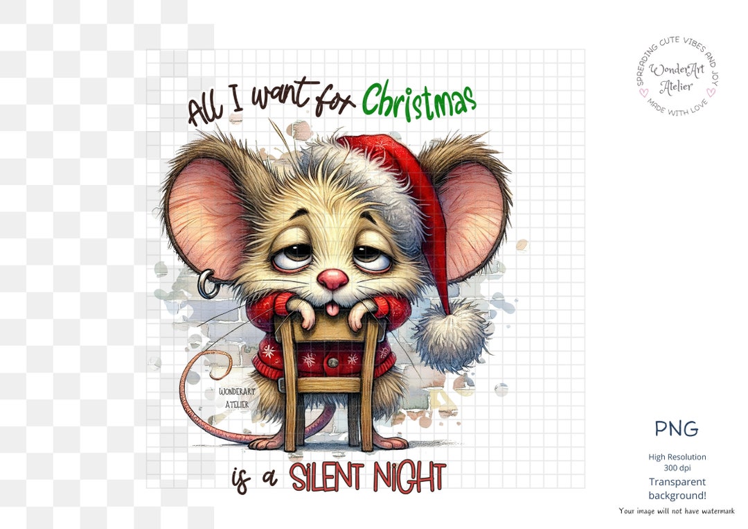 Funny Christmas Mouse PNG: Silent Night Sublimation Design (digital ...
