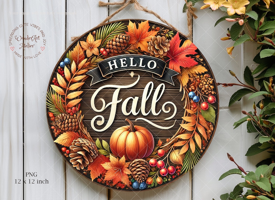 Fall Door Hanger PNG: Autumn Wreath Sign, Round Decoration (digital ...