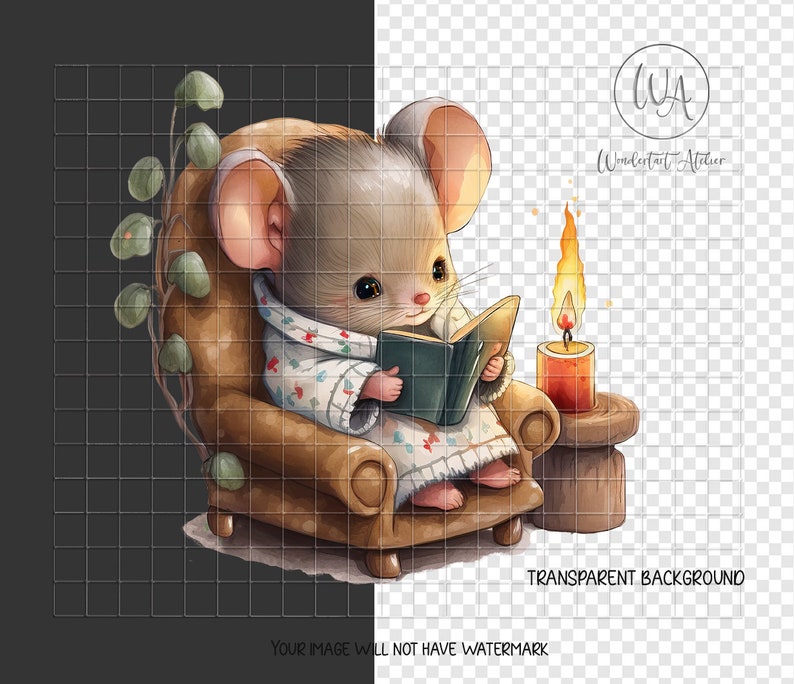 Cute Baby Mouse Clipart PNG. Watercolor. Cute Mouse Reading a - Etsy