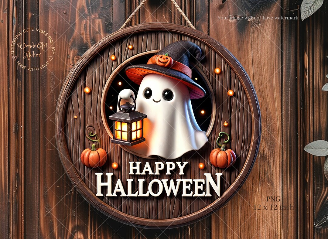Halloween Ghost Wreath Sign , Cute Ghost PNG Door Hanger , Round ...