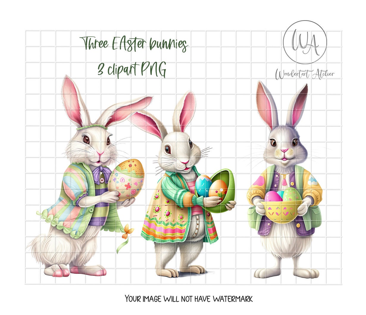 Three Easter Bunnies 3 Clipart PNG. Rabbits With Easter Eggs. - Etsy