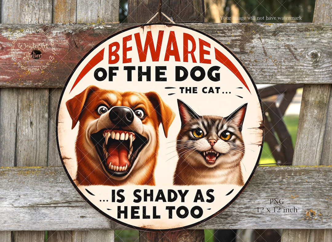 Funny Dog and Cat Sign PNG , Sublimation Round Customizable, Beware ...