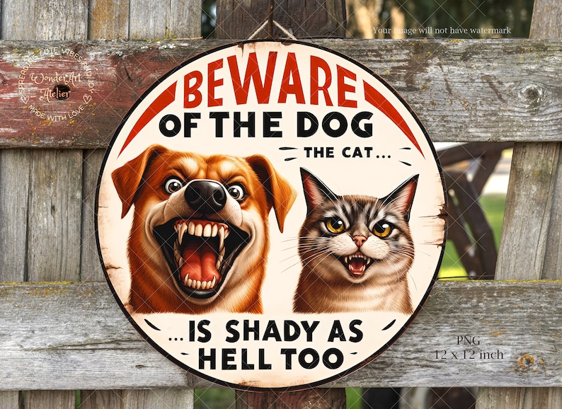 Funny Dog & Cat Beware Sign PNG: Customizable Sublimation Design ...
