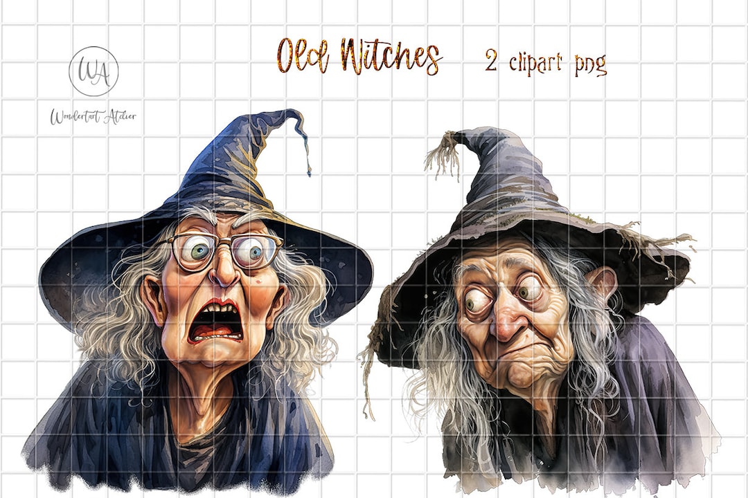 Charming Old Witches, 2 PNG Clipart . Halloween. Watercolor ...